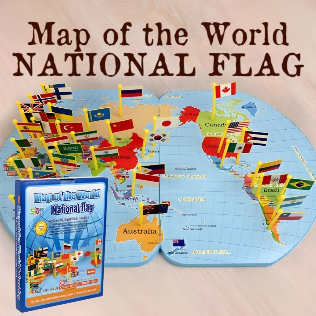 BYJ Wooden Map of the World National Flags Educational Montessori Toy ...