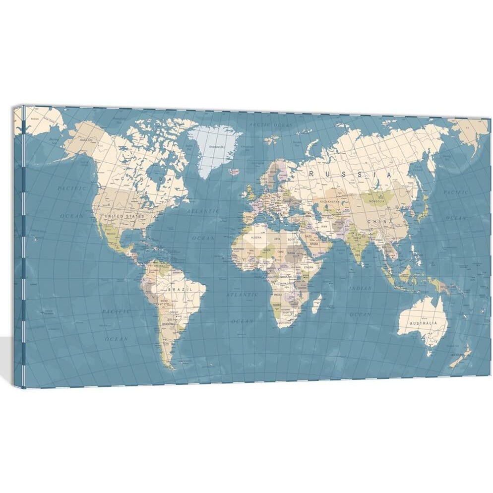 New Blue Vintage World Map Canvas Prints Push Pin Travel Routes Atlas ...