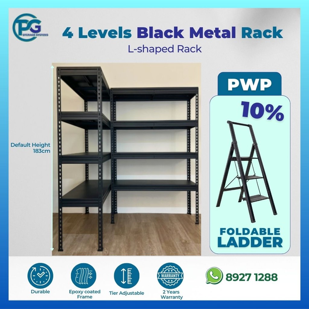 L-Shaped 4 Levels Metal Black Deck Boltless Racking (Depth 45+45cm ...