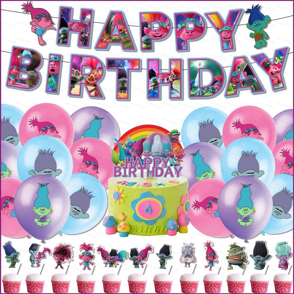trolls Theme kids birthday party decorations banner cake topper balloon ...