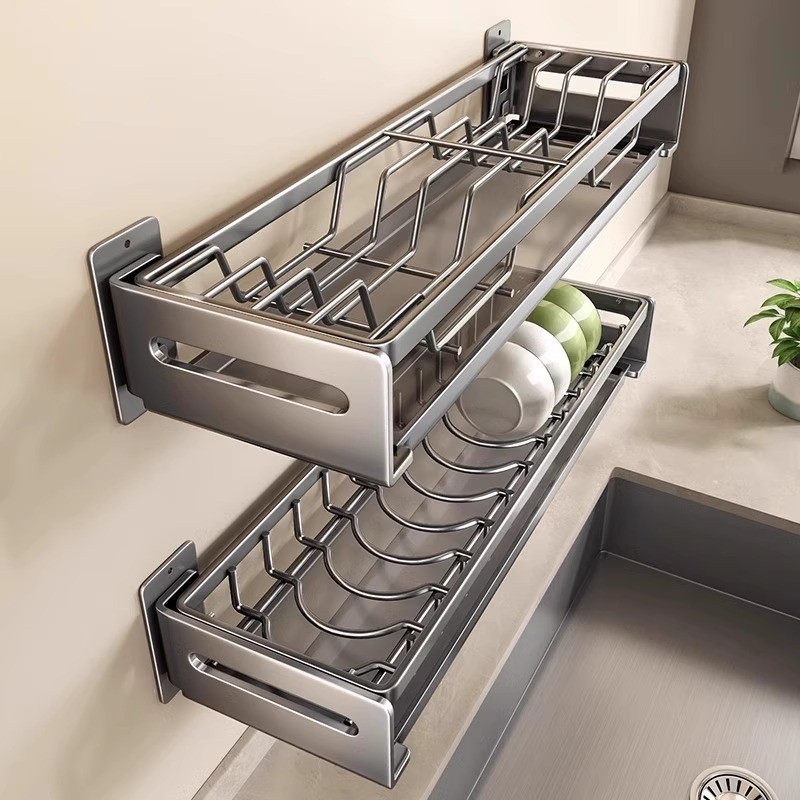 [in stock] Kitchen Household Wall-Mounted Dish Rack No-Drill Wall ...