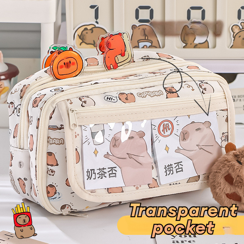 Kawaii Multi Layer Capybara Bag Transparent Pencil Case Canvas Pen Bag Large Capacity Cartoon ...