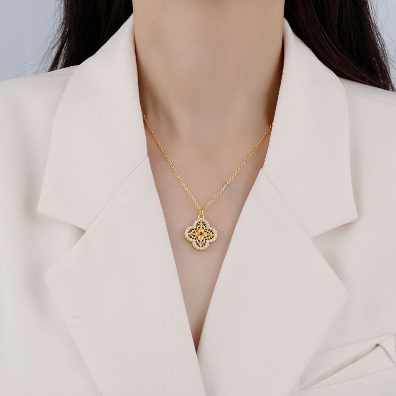 Golden Flower Silk Hollow Pearl Four-Leaf Clover Necklace 2025 Light ...