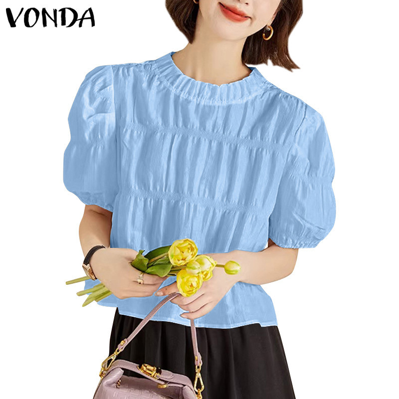 VONDA Women Korean Casual Solid Color Stand Collar Short Sleeve Loose ...