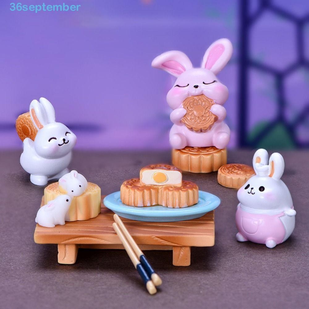 SEPTEMBER Rabbit Mooncake Figurines, Cute Resin Rabbit Micro Landscape ...