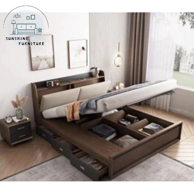 【Pre-Order】Nordic High Box Storage Bed Frame Small Apartment Storage ...