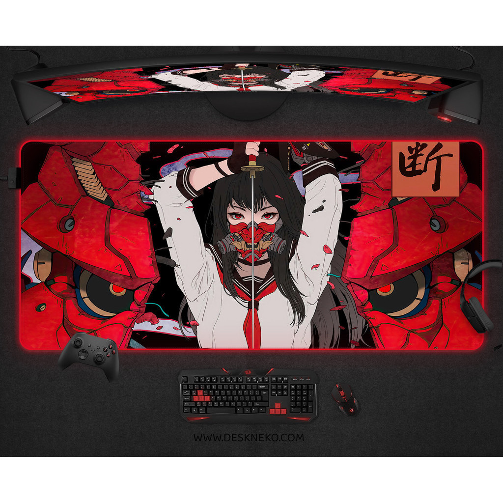 Oni Girl Deskmat Anime, Japanese Mousepad Samurai Mask, Red Black Kanji ...