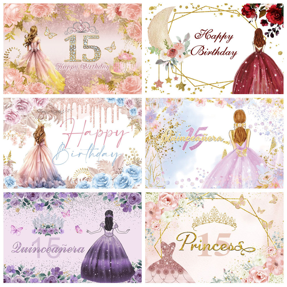 Sweet 15th Birthday Party Photography Backdrop Pink Rose Crown Princess ...