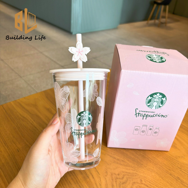 Starbucks Cup Pink Cherry Blossom Transparent Glass Cup with Straw ...