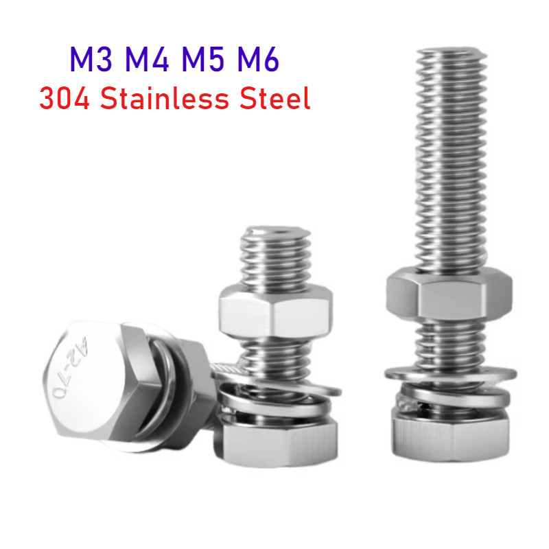 M3 M4 M5 M6 304 Stainless Steel Hex Head Screws Nuts Flat Washers Lock Washers Kits Hexagon ...