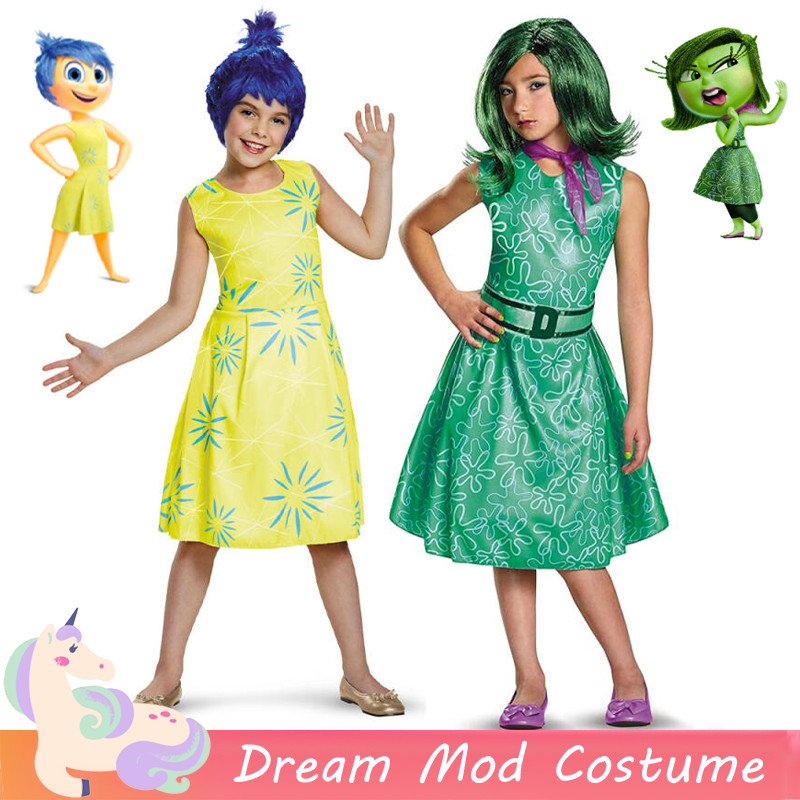 Joy Disgust Cosplay Costume For Kids Inside Out 2 Yellow Blue Dress For ...