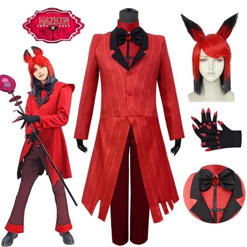 Hazbin Cosplay Hotel Alastor Costume with Wig Red Jacket Uniform Suit ...