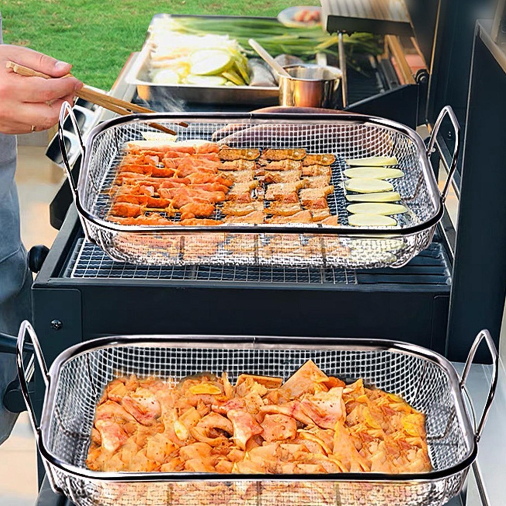Square BBQ Basket Stainless Steel BBQ Mesh Plate Outdoor BBQ Tray ...