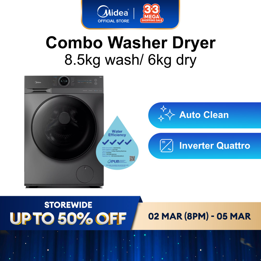 Midea MF200D85B Dark Grey Washer-Dryer Combo, 8.5kg, Water Efficiency 4 ...