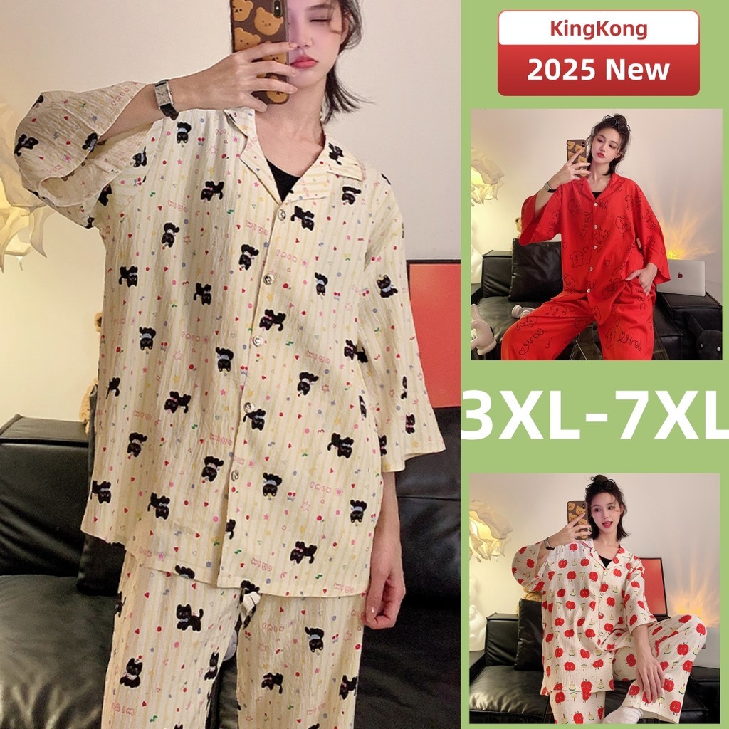 3XL-7XL Plus Size Pyjamas Women Cotton Pajamas Set Spring Summer Flare ...