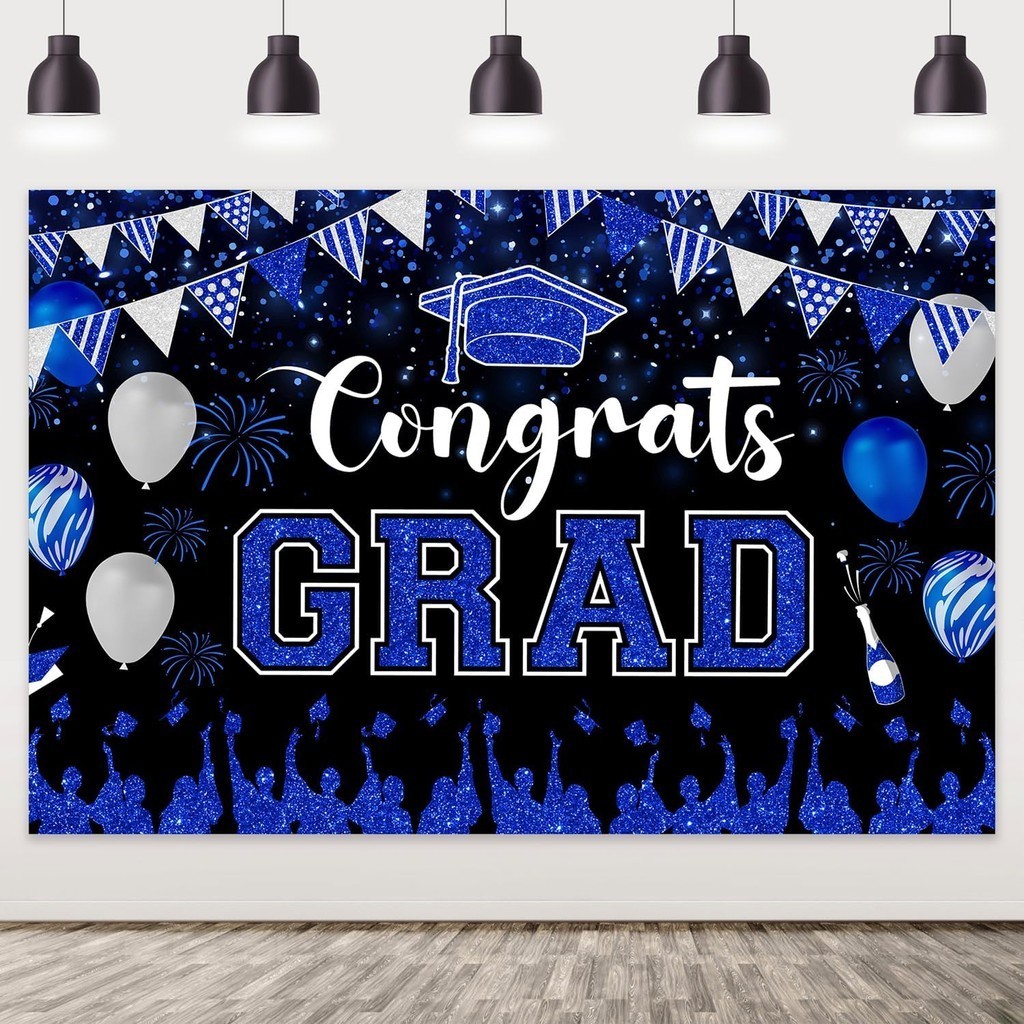 2024 Blue Black Congrats Grad Graduation Backdrop Glitter Printed ...
