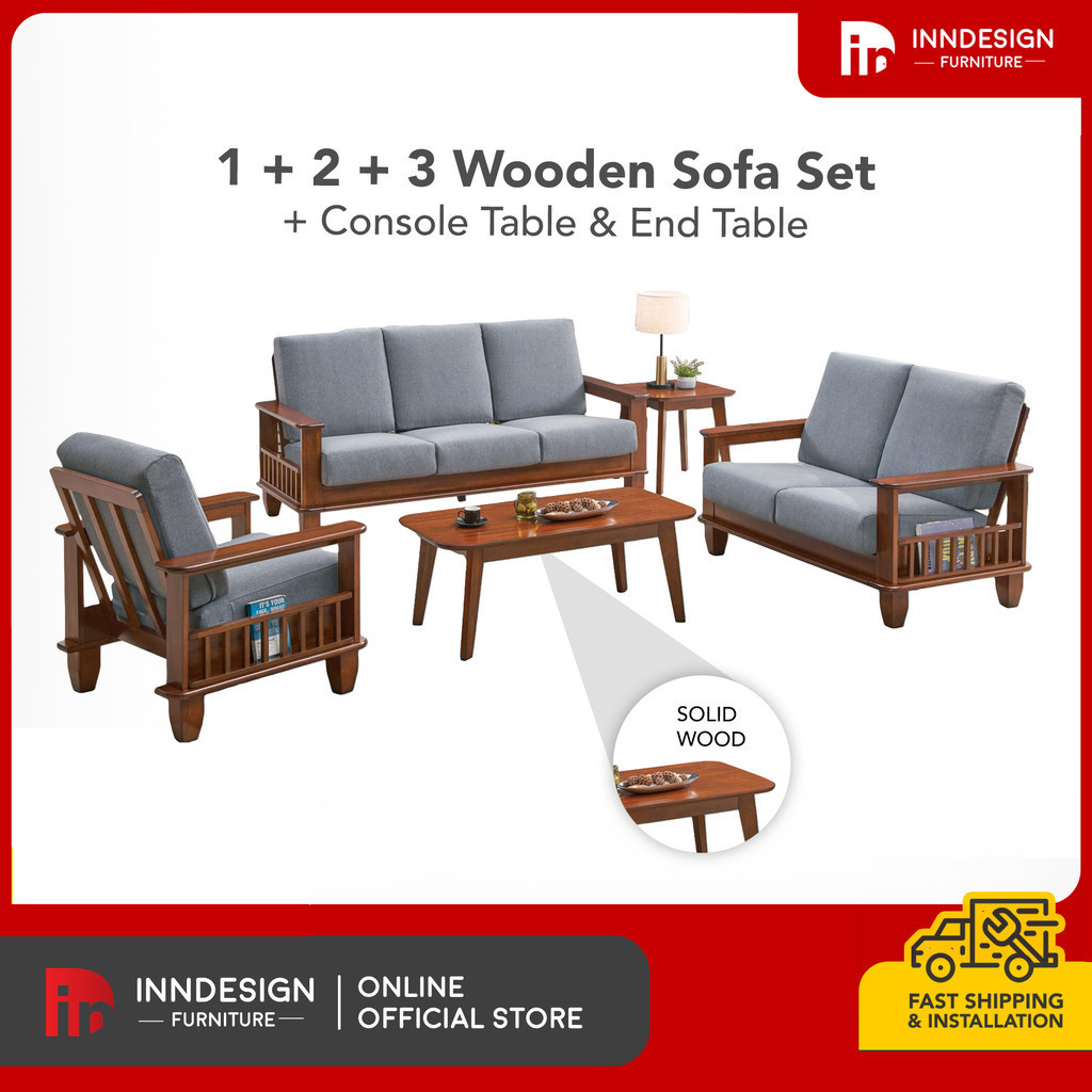 INNDESIGN 100% SOLID WOOD SOFA 1+2+3 Solid Wood Living Room Set / SOFA ...