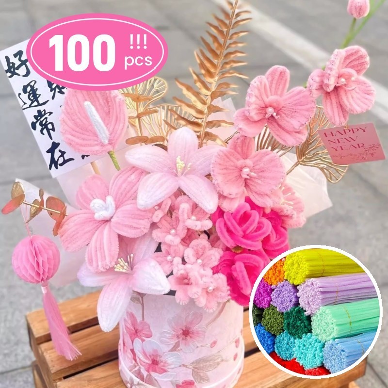 100Pcs Colourful Woolen Twist Bar Chenille Stems Wire Craft Pipe DIY ...
