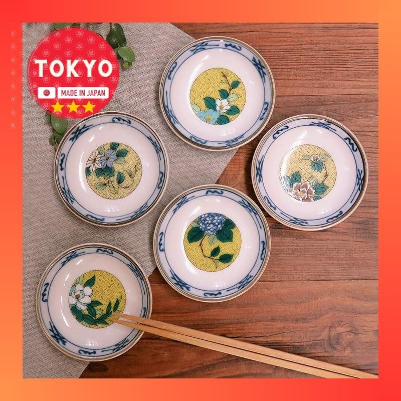 Set of 5 stylish Kutani-yaki small plates, Yoshidaya Soka Pottery ...