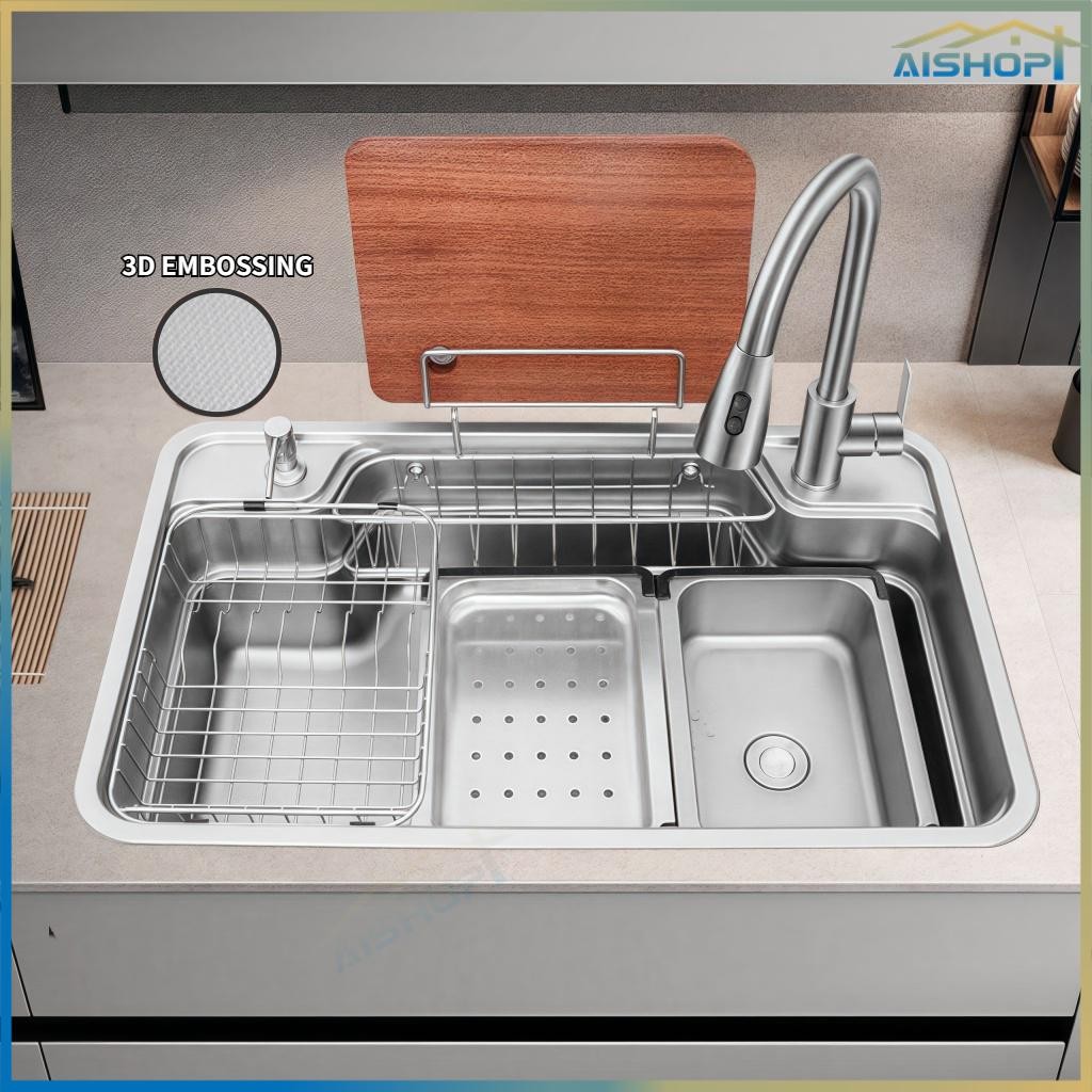 [SG Seller]SUS304 stainless steel sink multi-function dish sink 3D embossed Japanese sink ...