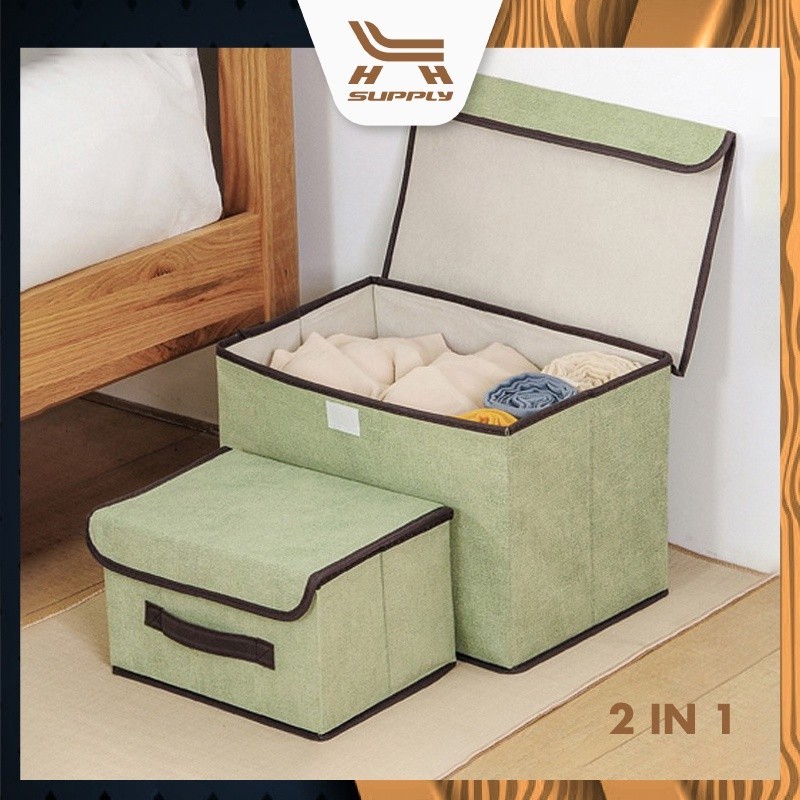 LH 2 In 1 Foldable Storage Box with Lid Linen Cloth Non-woven Storage ...