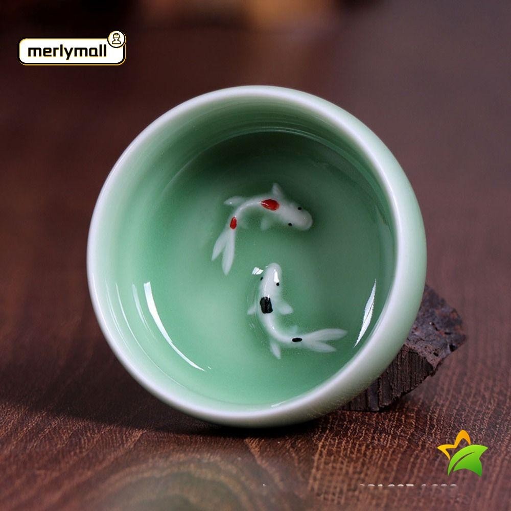 MERLYMALL Golden Fish Tea Cup Bowl, Ceramics Carp Longquan Celadon ...