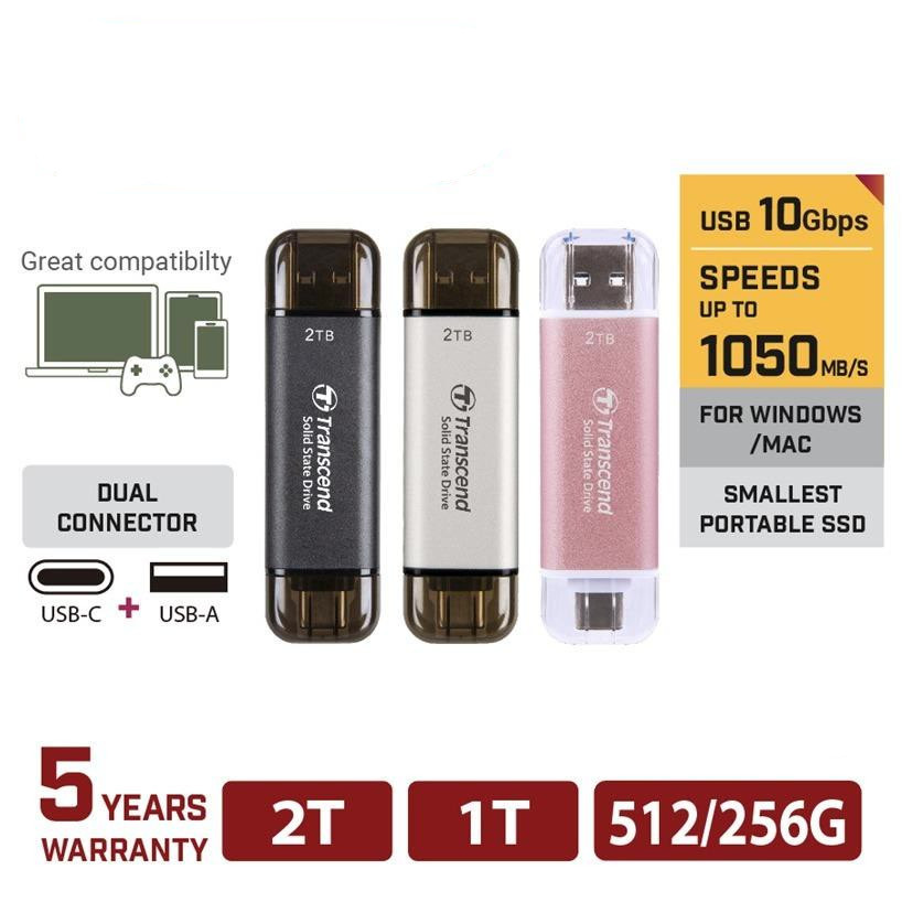 Transcend ESD310 Smallest OTG Type-C Portable SSD, Silver / Black ...