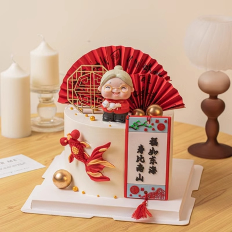 Chinese style birthday cake decoration goldfish jewelry folding fan ...
