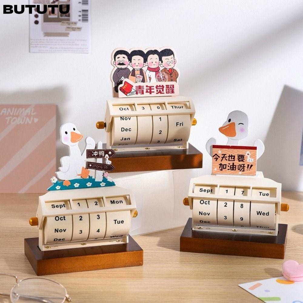 BUTUTU Perpetual Calendar, Rotary Wooden Base Wheeling Calendar, Cute ...