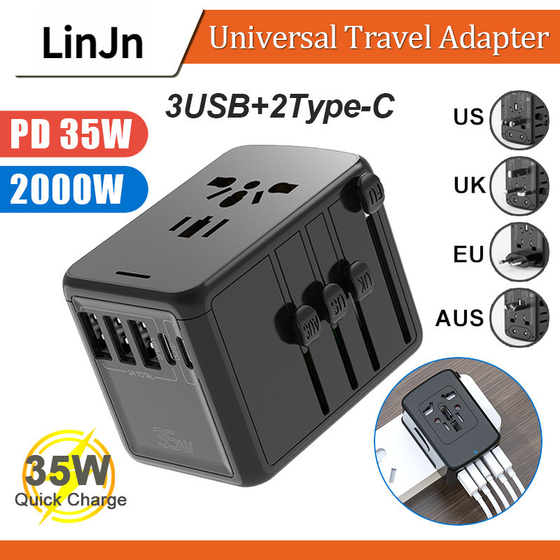 Global Universal Adapter Plug PD 35W 3USB+2Type-C Port International Travel Adapter 2.1A Fast ...