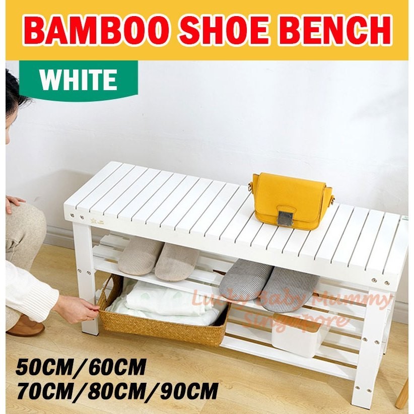 White Bamboo Shoe Rack Bench/Seat Wearing Taking off Shoe Organizer ...