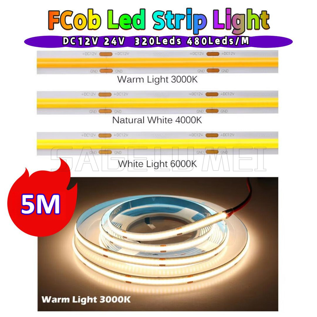 5M 320Leds 480Leds/M High CRI Dimmable Cob Led Strip Light High Brightness DC12V 24V 3000K 4000K ...