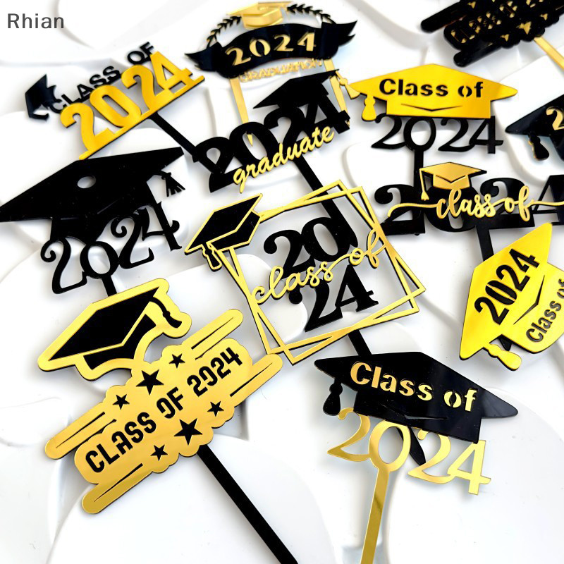 [Rhian] 2024 Congrats Cake Topper Happy Graduation Gold Black Acrylic ...