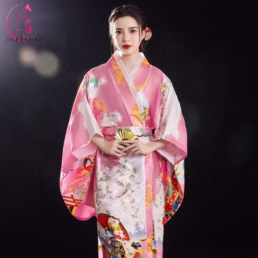 OCEANMAP Traditional Japanese Kimono, Japanese Style Printed Floral Sakura Girl Kimono Dress ...