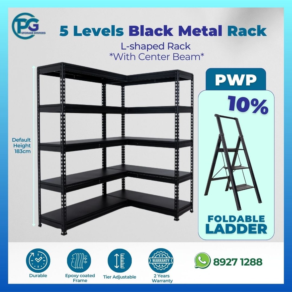 L-Shaped 5 Levels Metal Black Deck Boltless Racking (Depth 30+45cm ...