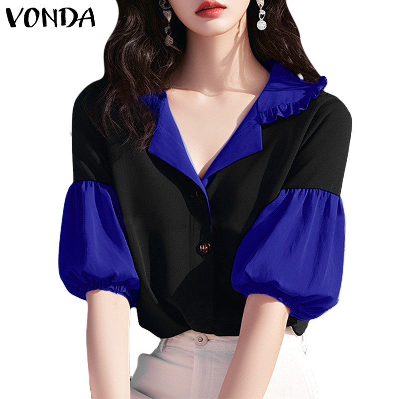 VONDA Women Korean Casual V-Neck Half Sleeve Blouse | Shopee Singapore