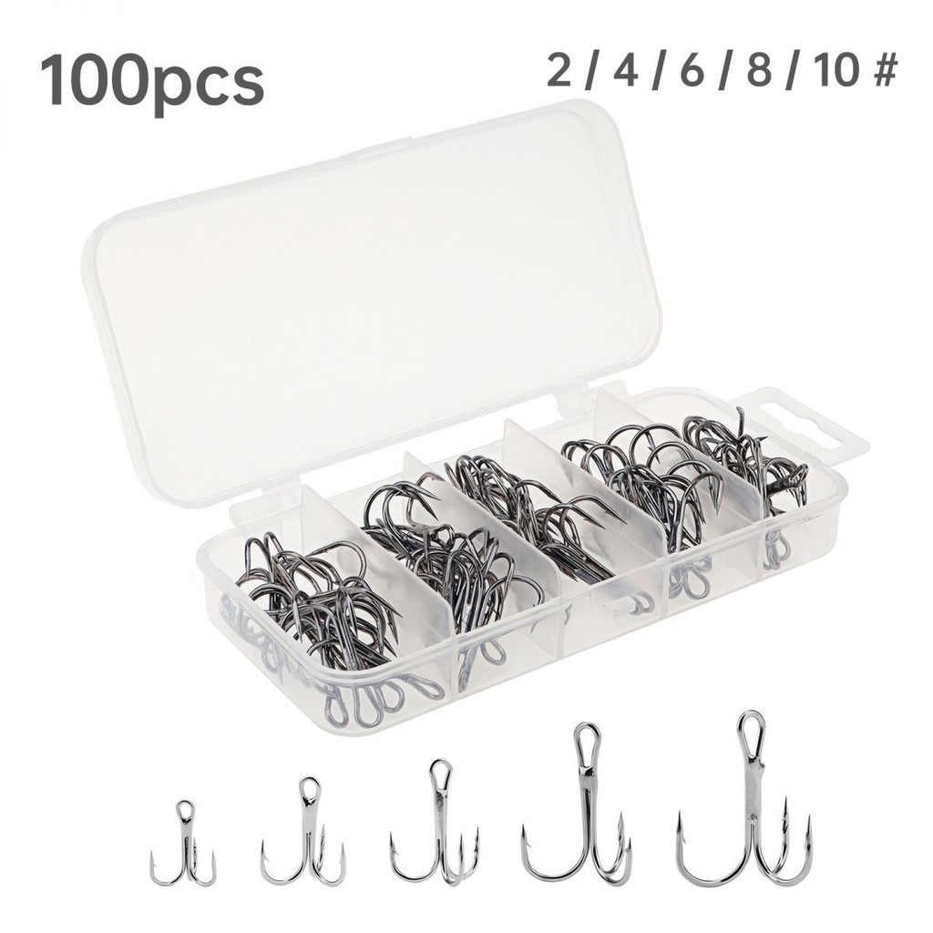 100pcs High Carbon Steel Barbed Fishing Treble Hooks 2# 4# 6# 8#10 ...