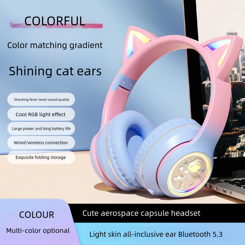 NEW RGB Cat Ear Wireless Headphones for PC Cute 3D Space Capsule Cat ...