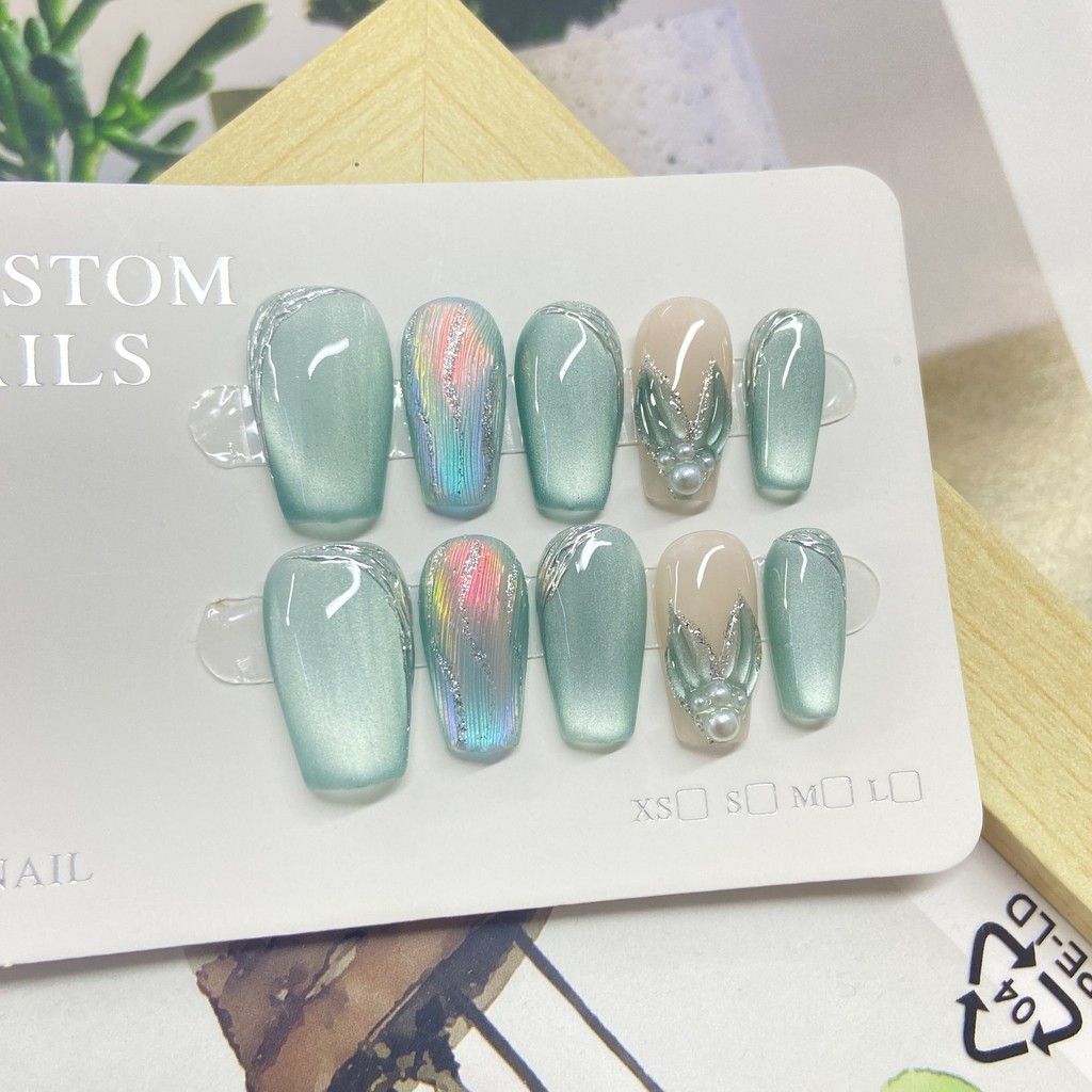 【HANDMADE】Artificial Nail Mint Candy Cat Eye Phototherapy Nails Fake ...