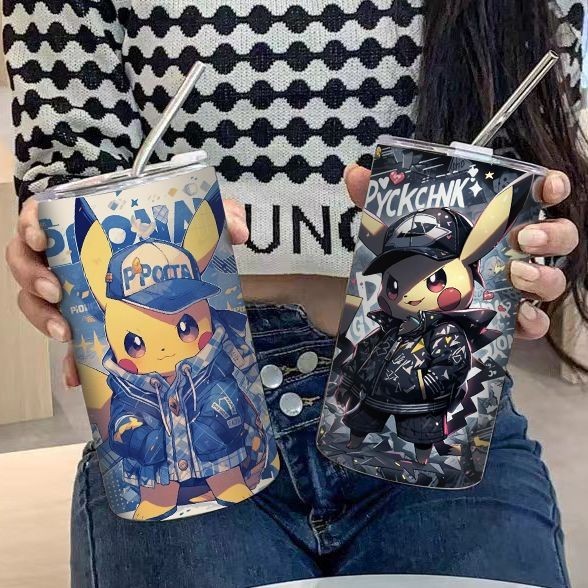 Pokémon Pikachu thermos cup with straw casual cup coffee cup portable ...