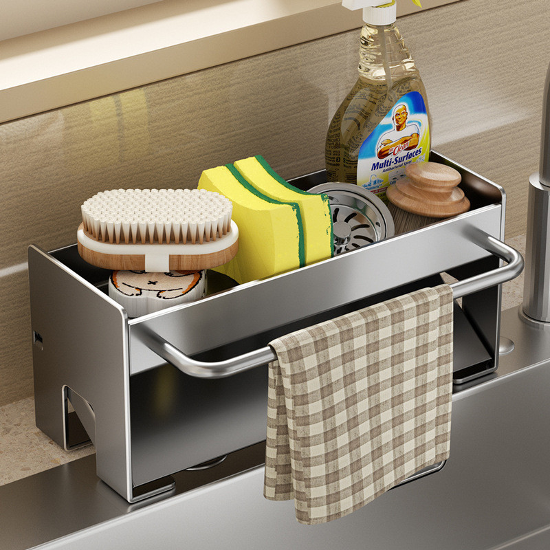 Kitchen Sink Drain Rack With Rod Soap Sponge Holder Dishcloth Towel ...