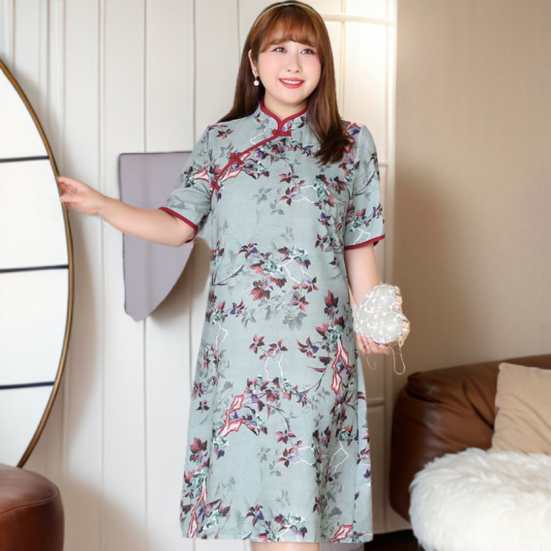 【50-115kg】Retro Cheongsam Dress Plus Size Loose Slightly Fat Long ...