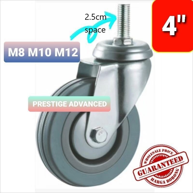 4" 100mm Light duty Grey Rubber Swivel & Brake Trolley Caster Wheel M8 ...