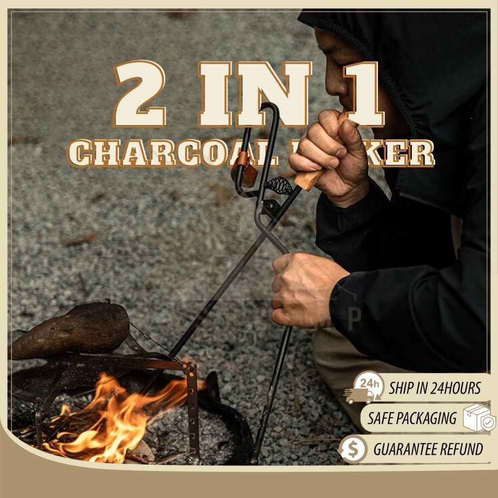 2 in 1 Charcoal Picker Woods Handle Tongs Camping Steel BBQ Clipper ...
