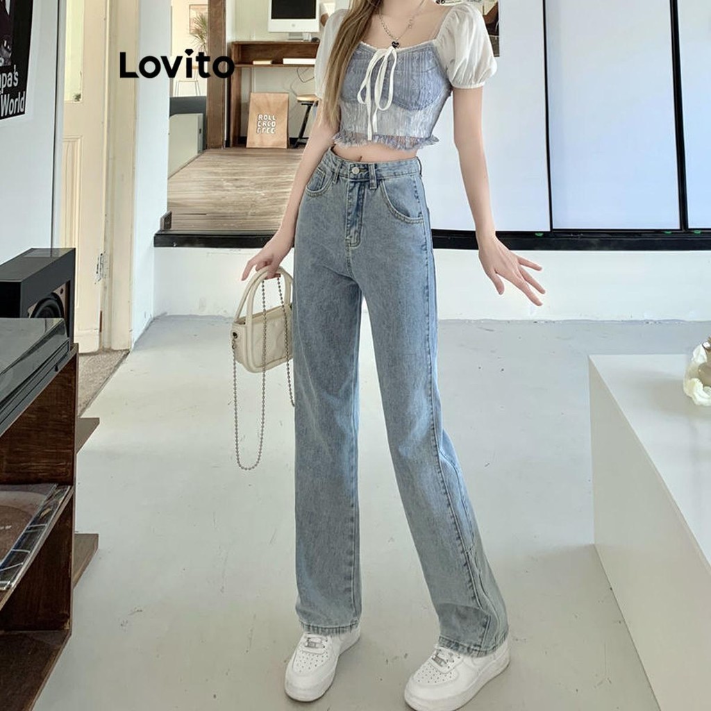 Lovito Casual Plain Button Pocket Jeans for Women LNE52135 | Shopee ...