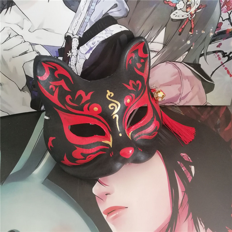 Black and red Prajna Fox Mask Half-face Paper Mache Japan cos Photo ...