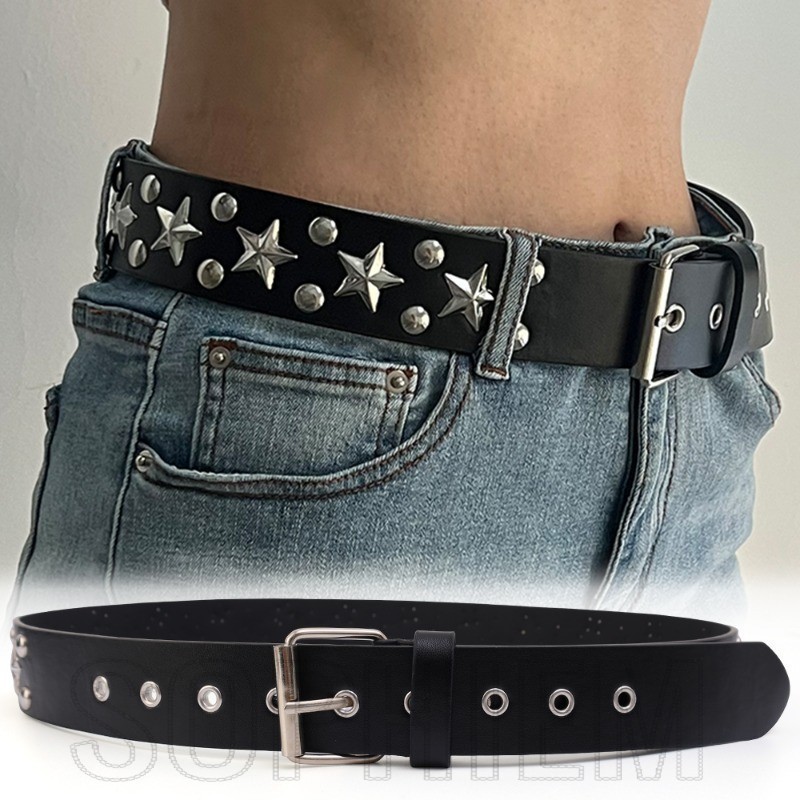 Pentagram Rivet Waist Belt - PU Leather Waistband - Adjustable Pin ...