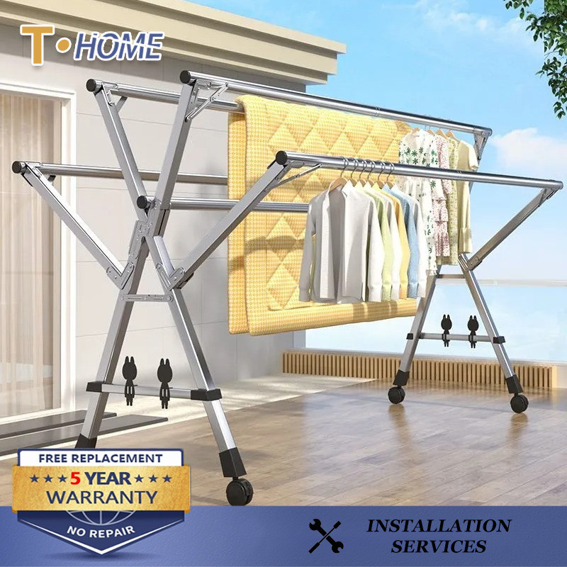 T Home Stainless Steel Clothes Drying Rack 5-Pole Quilt Clothes Hanger ...