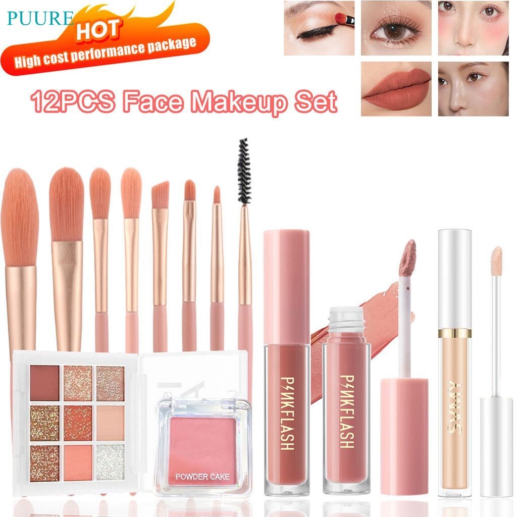 1 Set 12PCS Face Makeup Cosmetic Kit PINKFLASH Soft Matte Lip Glaze ...