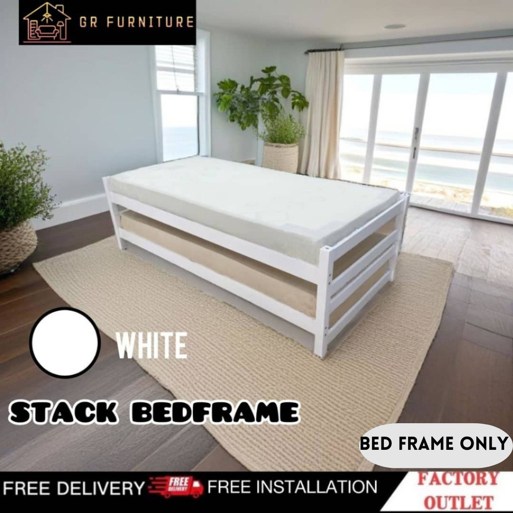 GR Furniture Solid Rubber Wood Single Stack Bed Frame Only | Shopee ...